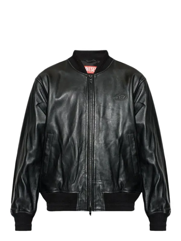 DIESEL® Leather Bomber Jacket With Embossed Logo - Black