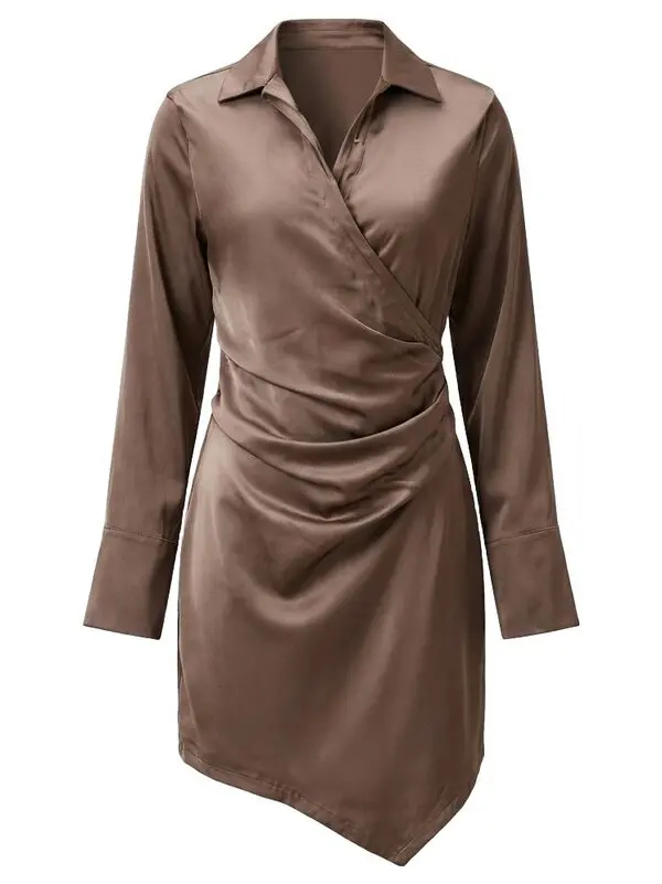 ALLSAINTS Long Sleeve Wrap Dress With Slit And Pleats - Cumin Brown
