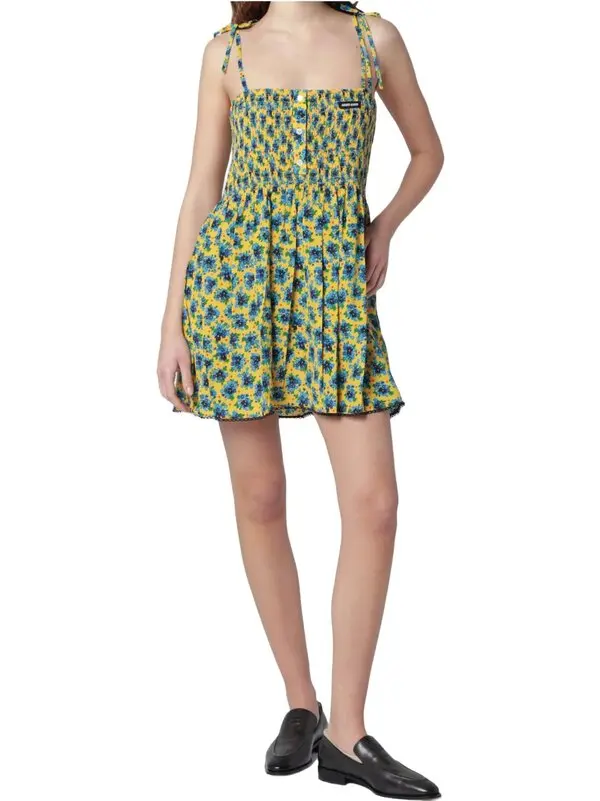Miu Miu Floral Crêpe De Chine Mini-dress - Yellow And Blue