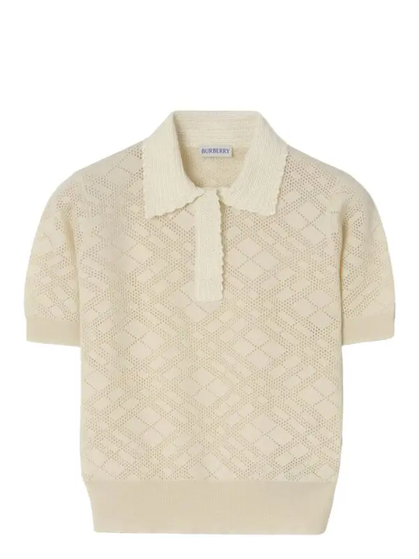 Burberry Wool Silk Check Pointelle Polo Top - Ceramic White