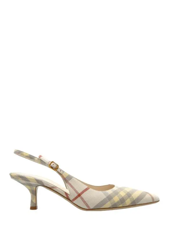 Burberry Checked Slingback Mid Heel Pumps - Beige