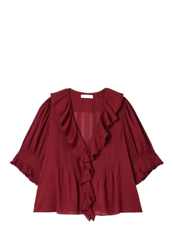 DÔEN Henri Ruffled Lace-trimmed Puff Sleeve Shirt - Red