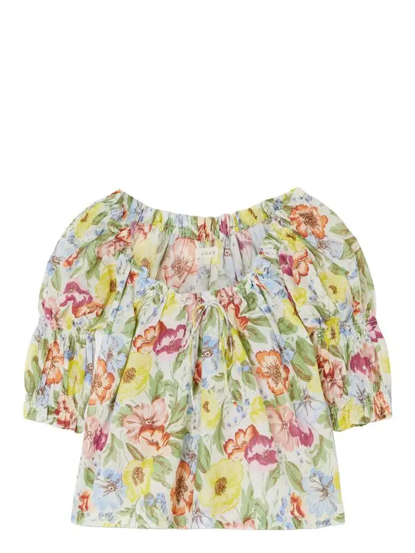 DÔEN Inez Gathered Floral-print Organic Cotton-voile Blouse - Green