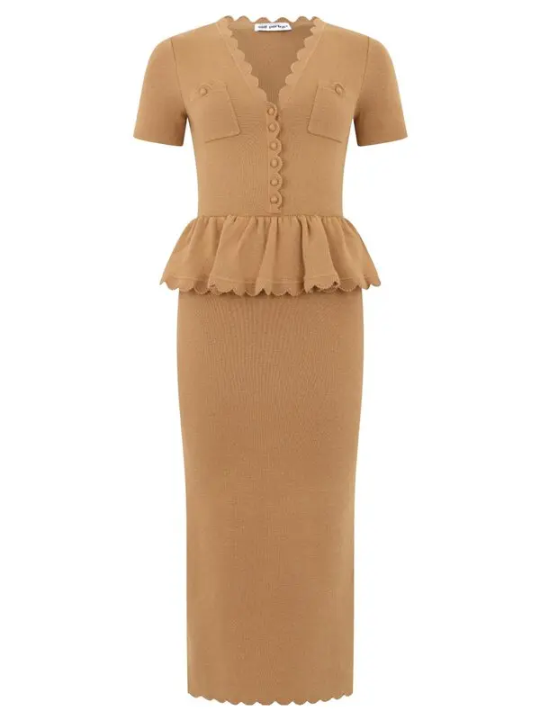 SELF-PORTRAIT Scalloped Peplum Midi Dress - Camel