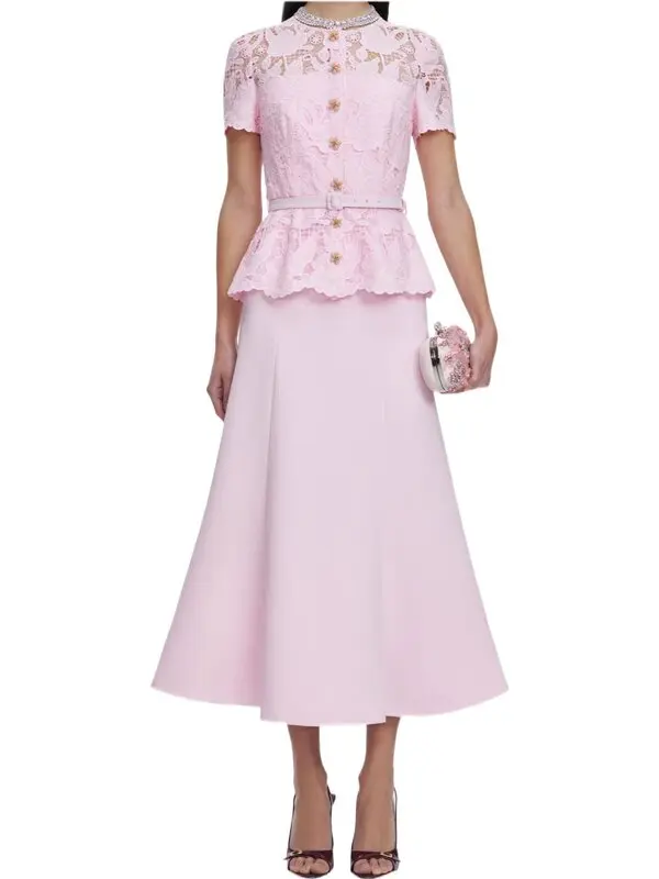 SELF-PORTRAIT Lace Belted Peplum Dress - Pink
