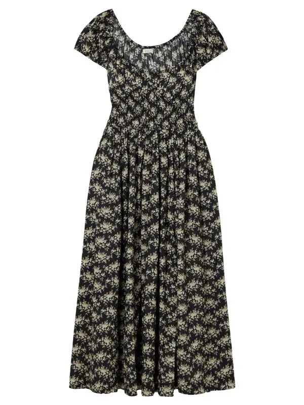 DÔEN Quinley Shirred Floral-print Organic Cotton-voile Midi Dress - Black