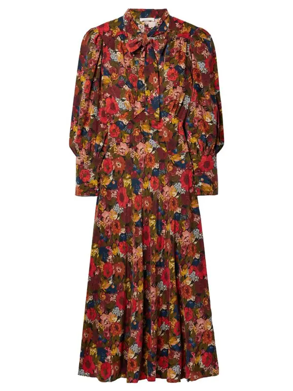 DÔEN Long Sleeve Floral Print Dress With Tie Neck - Red