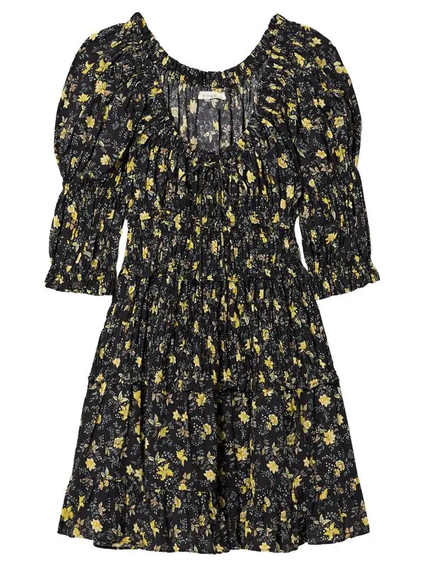 DÔEN Floral Print Tiered Mini Dress - Black