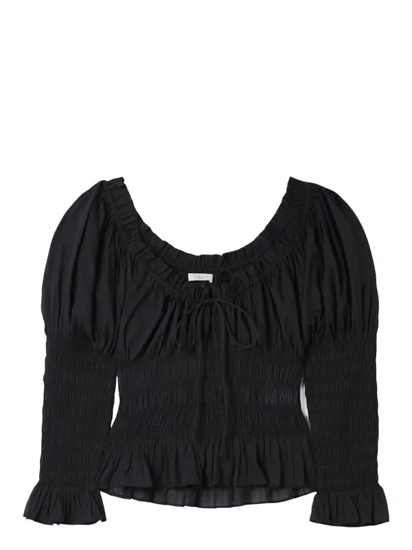 DÔEN Scoop Neck Long Sleeve Top With Tie Detail - Black