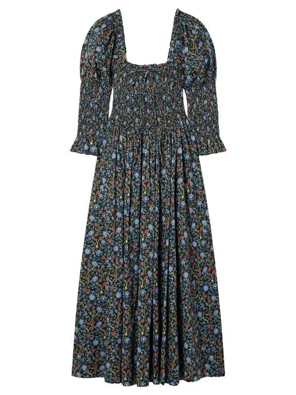 DÔEN Bijou Shirred Floral-print Organic Cotton-voile Midi Dress - Multi-color