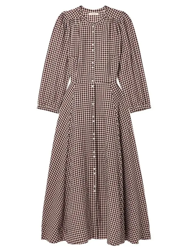 DÔEN Gingham Check Long Sleeve Midi Dress - Brown