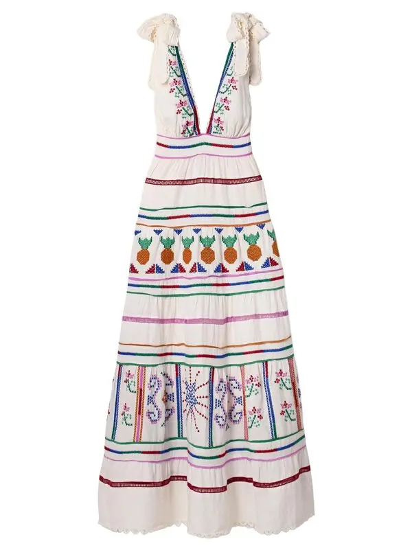 Farm Rio Sleeveless Embroidered Maxi Dress - White
