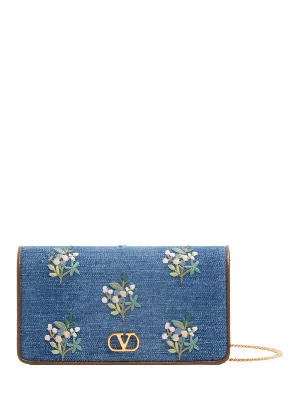 Valentino Garavani Vlogo Signature Embroidered Denim Mini Shoulder Bag - Blue
