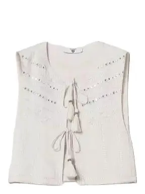 TWINSET Linen Blend Embroidered Vest With Tassels - White