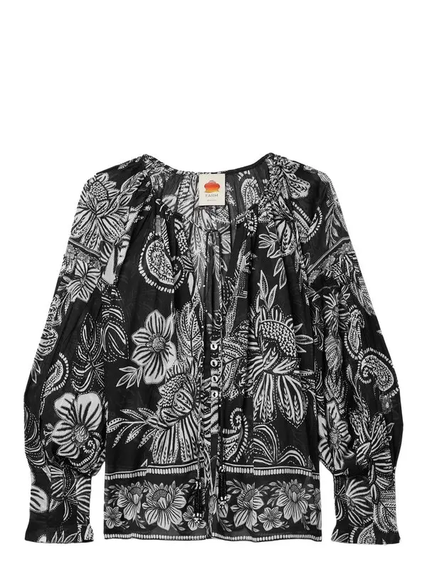 Farm Rio Tie-detailed Bead-embellished Printed Cotton-voile Blouse - Black