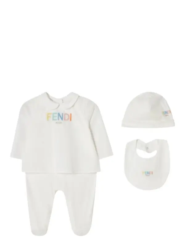Fendi Baby Set: Long Sleeve Top, Footed Pants, Hat, And Bib - White