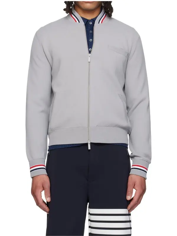 Thom Browne Ribbed Knit Bomber Jacket With Tricolor Accents - Light Gray
