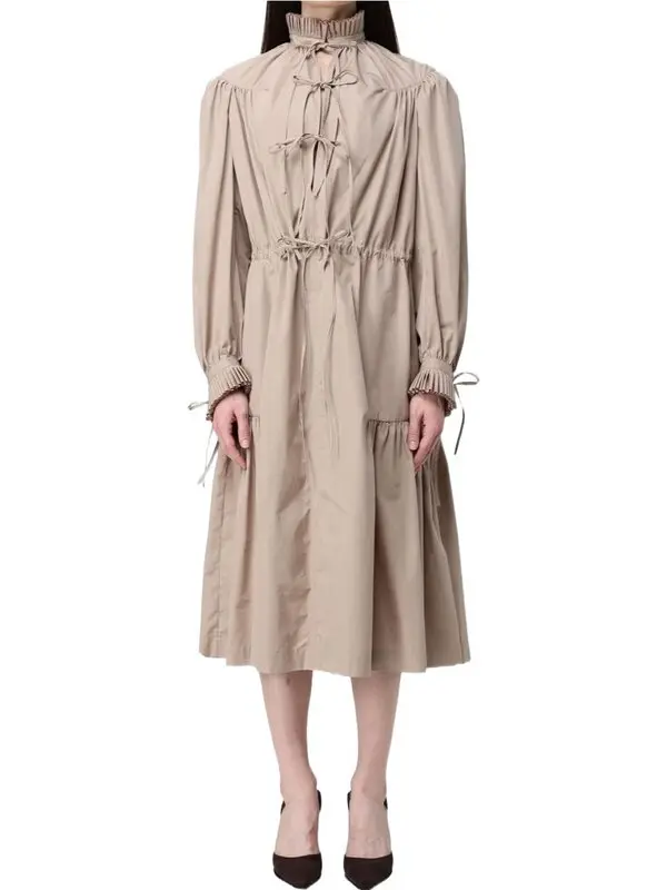 Dries Van Noten Long Sleeve High Neck Tie Detailed Dress - Nude