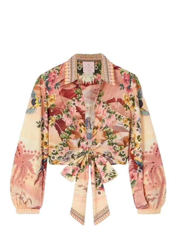 Camilla The White Lotus Cropped Printed Crystal-embellished Poplin Wrap Shirt - Nude