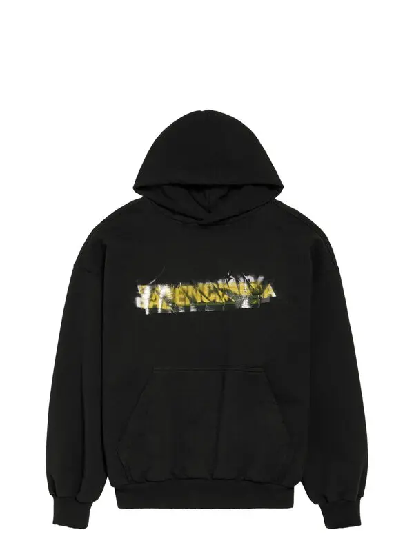 Balenciaga Logo Printed Fleece Hoodie - Black