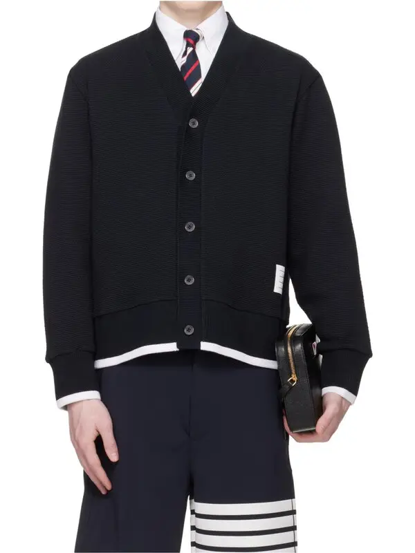 Thom Browne V-neck Ribbed Knit Cardigan - Navy Blue