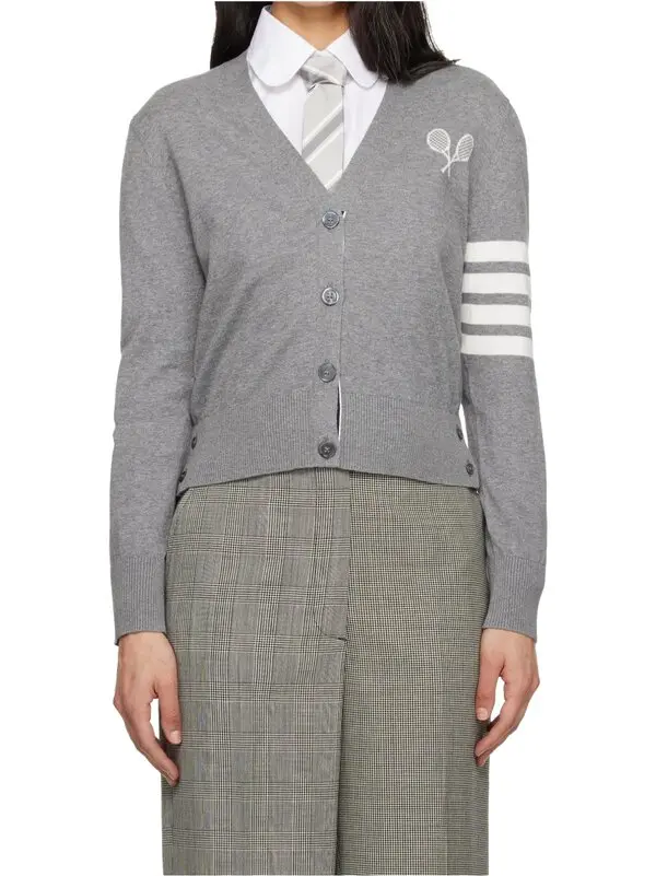 Thom Browne 4-bar V-neck Knit Cardigan - Light Gray