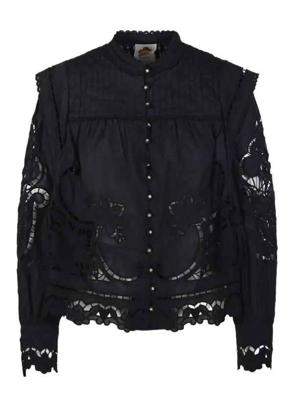 Farm Rio Broderie Anglaise Puff Sleeve Blouse - Black