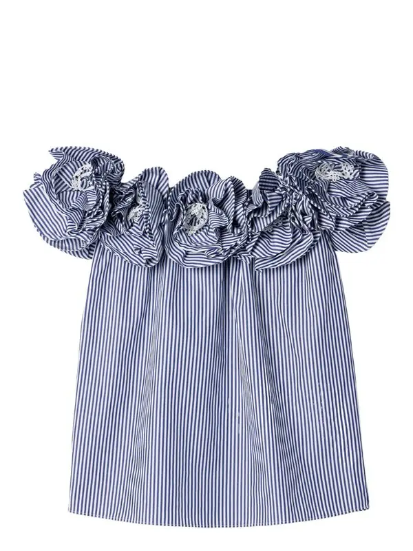 Carolina Herrera Off-shoulder Striped Blouse With Rose Knot Embellishments - Blue