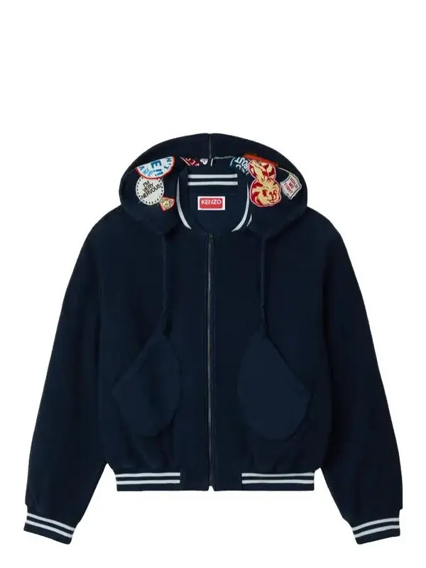 Kenzo Embroidered Badge Zip-up Hooded Jacket - Navy Blue