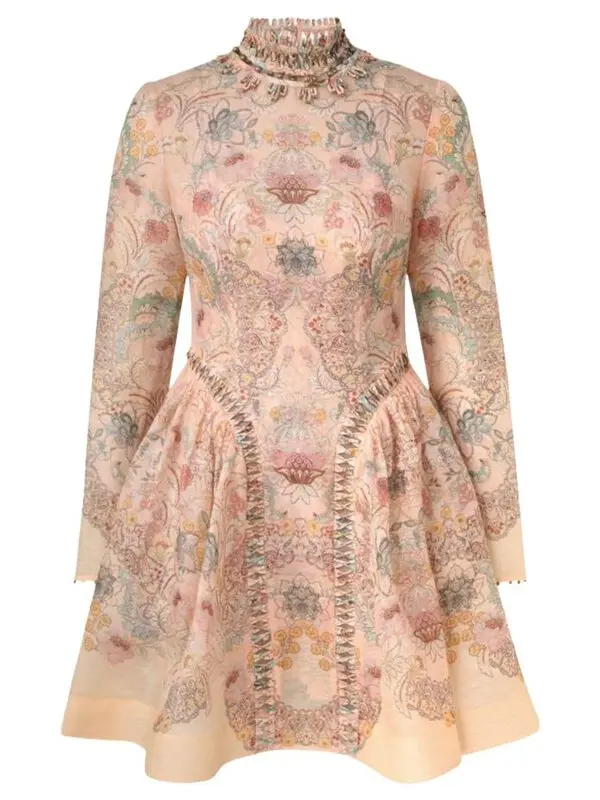 Zimmermann Floral-print High-neck Mini Dress - Nude