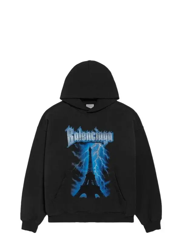 Balenciaga Thunder Printed Fleece Hoodie - Black