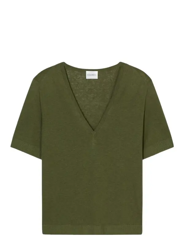 Closed V-neck Short-sleeve Sweater - Green