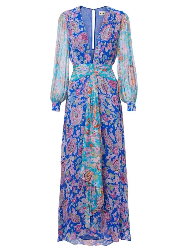 Rixo Long-sleeved V-neck Maxi Dress With Waist Tie - Blue