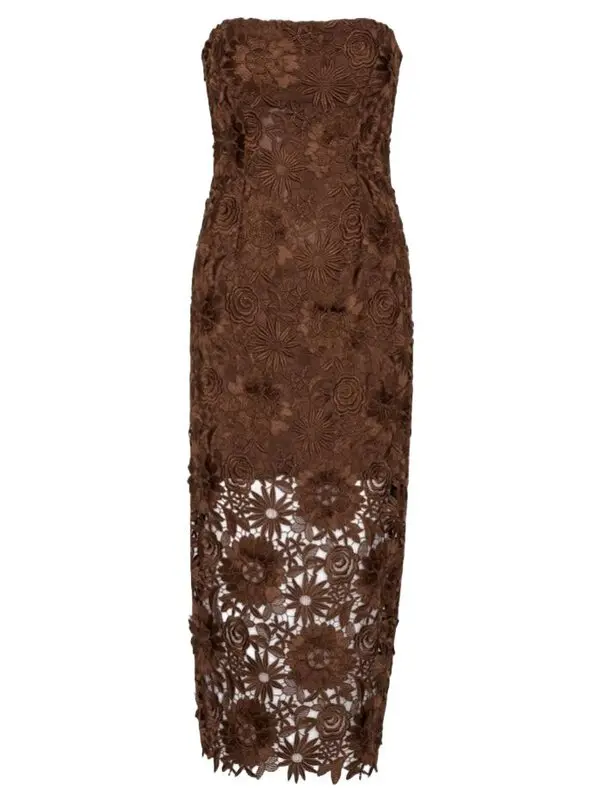 ROTATE BY BIRGER CHRISTENSEN Strapless 3d Lace Midi Dress - Dark Brown