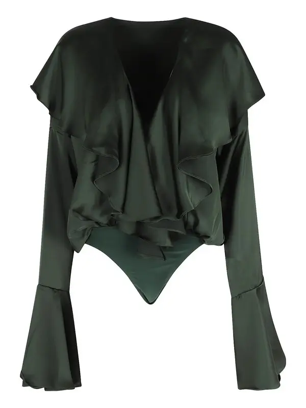 Norma Kamali Long Sleeve Deep V Ruffle Bodysuit - Deep Emerald