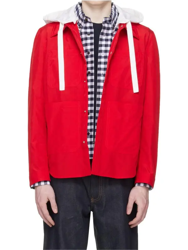 Thom Browne Hooded Ripstop Jacket With Drawstring And Tricolor Flag Detail - Red