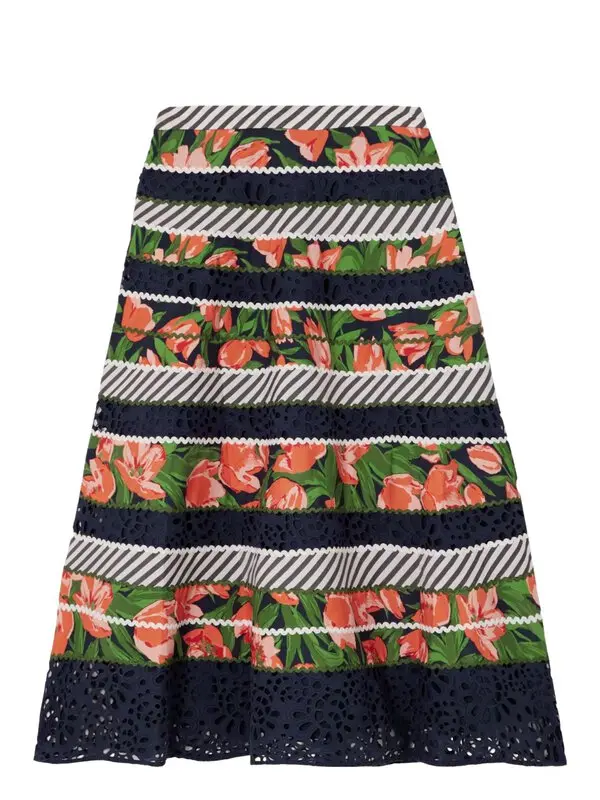Carolina Herrera Embroidered Lace And Printed Cotton-blend Poplin Midi Skirt - Black
