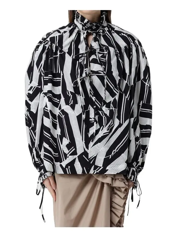 Dries Van Noten Long-sleeved Printed Shirt With Tie Details - Black