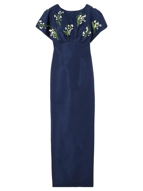 Carolina Herrera Embellished Silk Satin Maxi Dress With Lily Of The Valley Embroidery - Midnight Blue