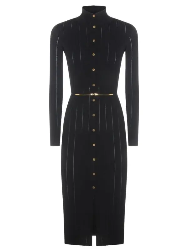 Elisabetta Franchi Openwork Knit High Neck Belted Dress - Black