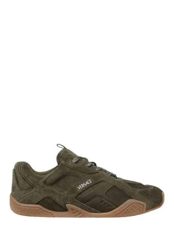 Versace Round-toe Lace-up Sneakers With Greca Detailing - Khaki