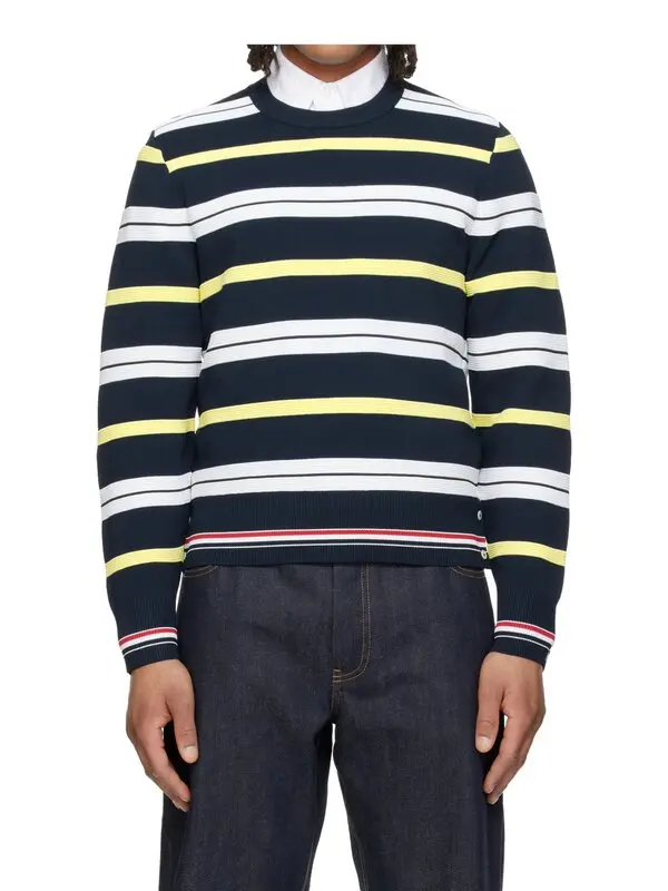 Thom Browne Striped Crew Neck Knit Sweater - Navy Blue