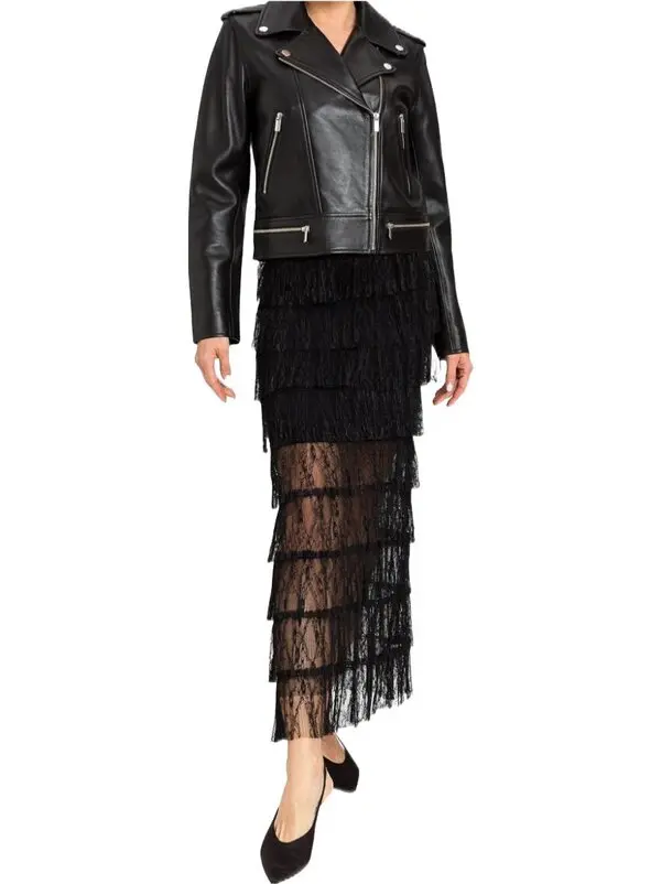 TWINSET Leather Motorcycle Jacket With Asymmetrical Zip Closure - Black