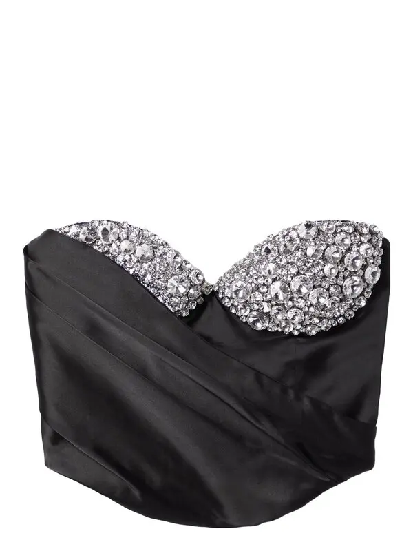 AREA Crystal-embellished Draped Satin Bustier Top - Black