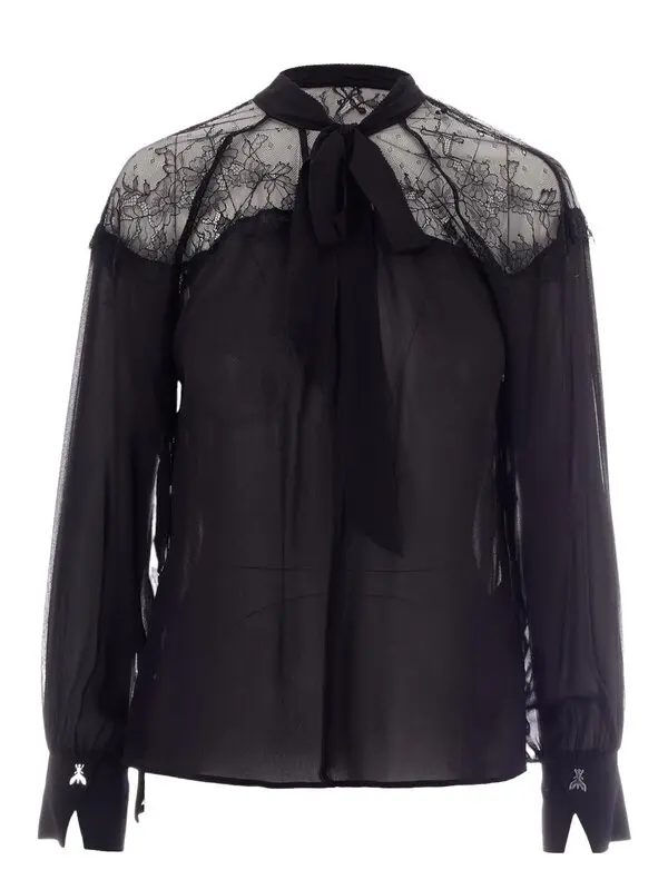 Patrizia Pepe Sheer Lace Panel Long Sleeve Blouse - Black