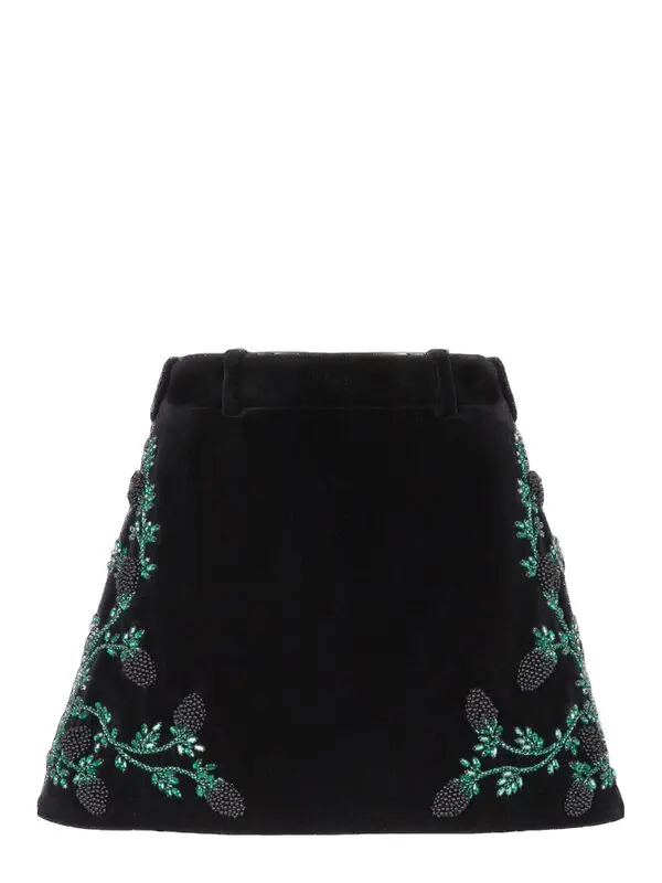 Balmain Velvet A-line Mini Skirt With Berry Embroidery - Black