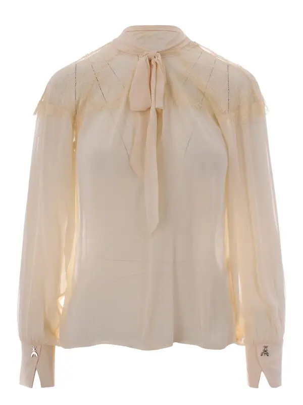 Patrizia Pepe Sheer Lace Panel Tie Neck Top - Warm Ivory