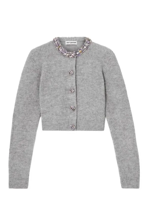 SELF-PORTRAIT Crystal-embellished Ribbed-knit Cardigan - Grey