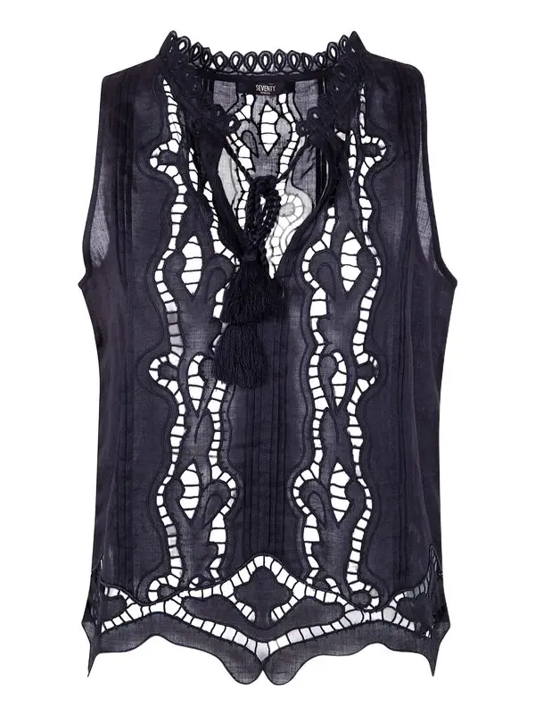 Seventy Sleeveless Openwork Ramie Top - Black