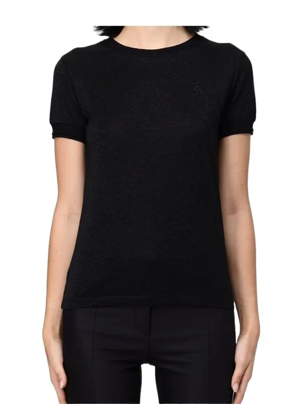 Patrizia Pepe Knit T-shirt With Rhinestone Logo Detail - Black